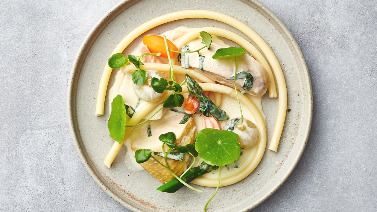 Gepocheerde maïskip met dragon en macaroni Recept