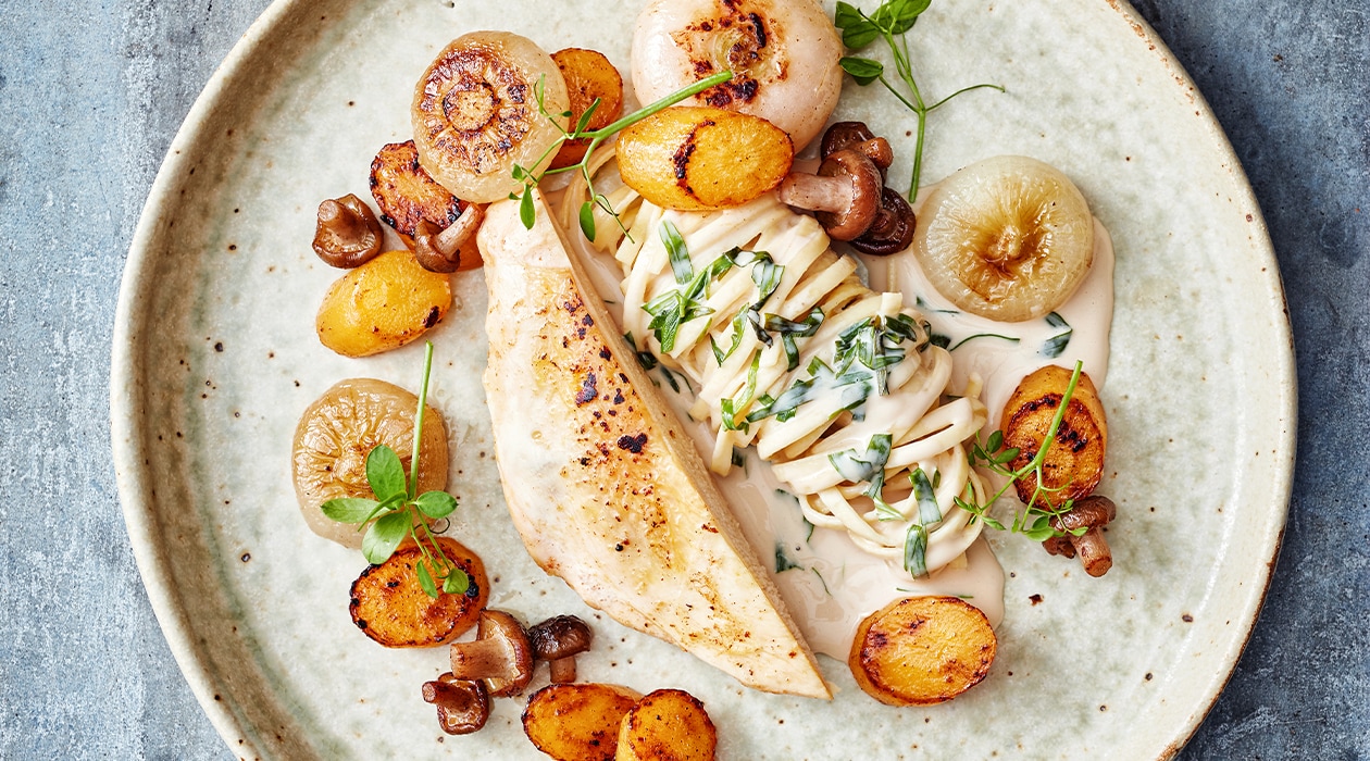 Maïskip met dragon roomsaus en fettuccine Recept